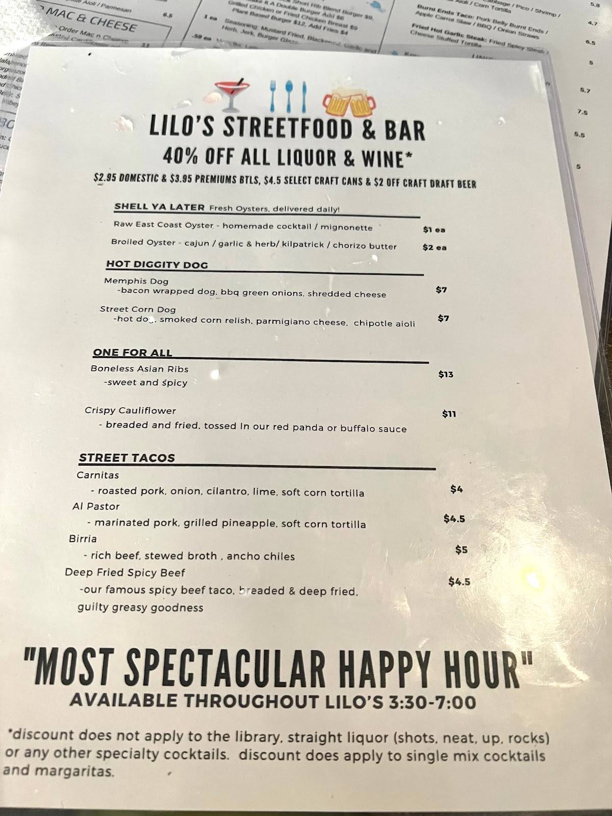 Menu at Lilo's Streetfood & Bar, Lake Worth