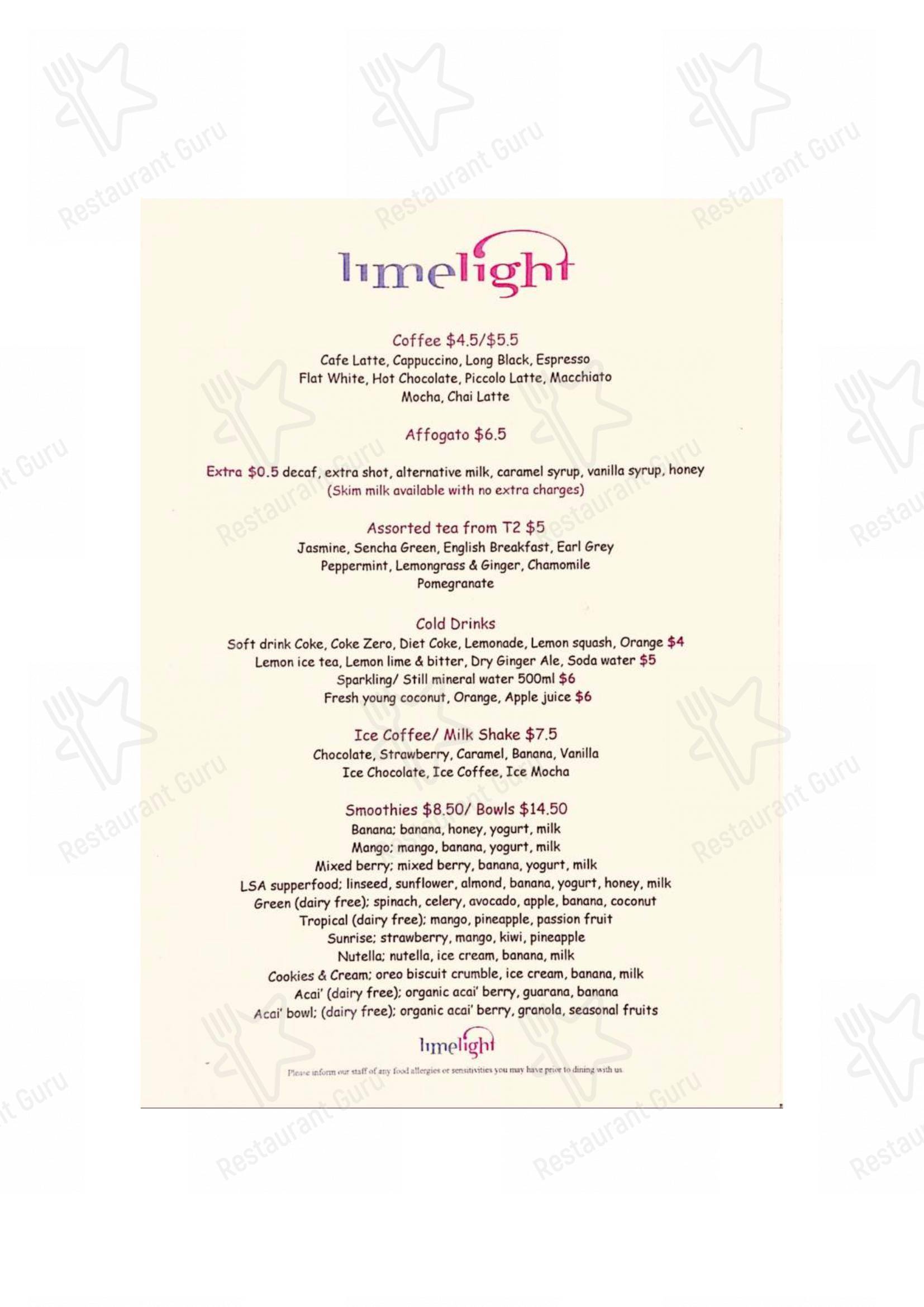 Menu at Limelight Cafe & Restaurant, North Sydney, 62 Clark Rd