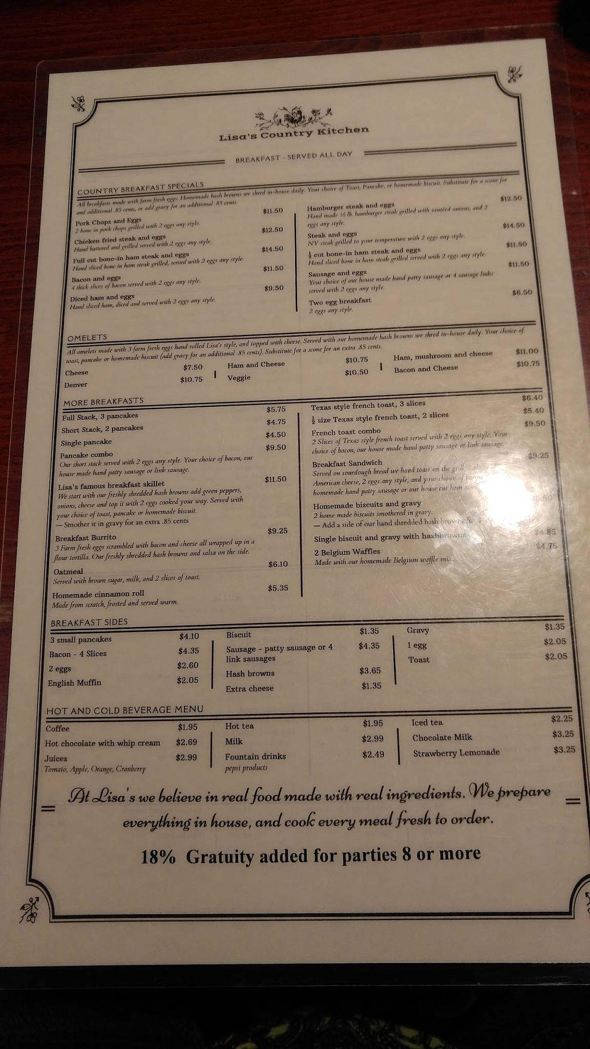 Menu at Lisa's Country Kitchen cafe, Nephi