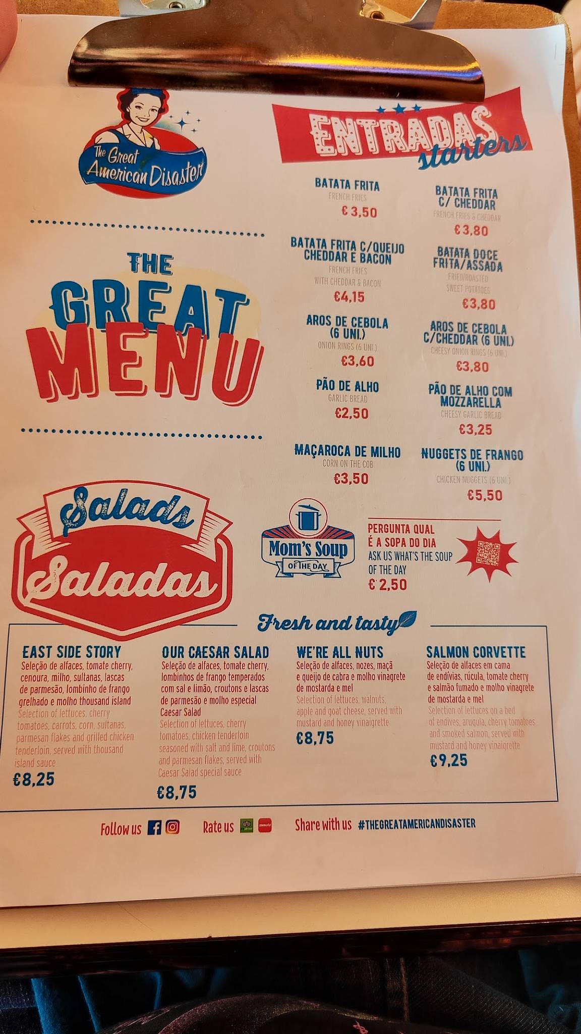 Menu em The Great American Disaster pub & Bar, Lisboa