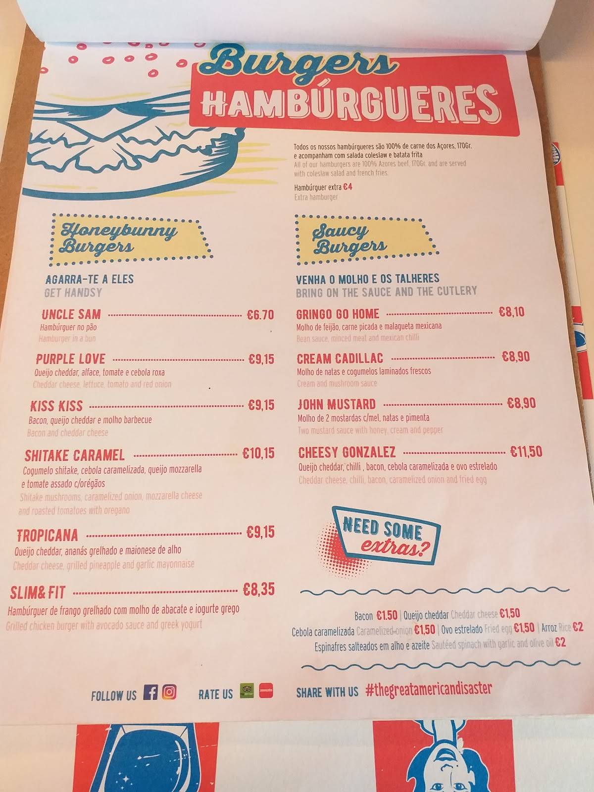 Menu em The Great American Disaster pub & Bar, Lisboa