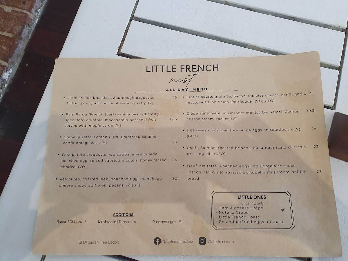 Menu at Little French Nest cafe, Fremantle