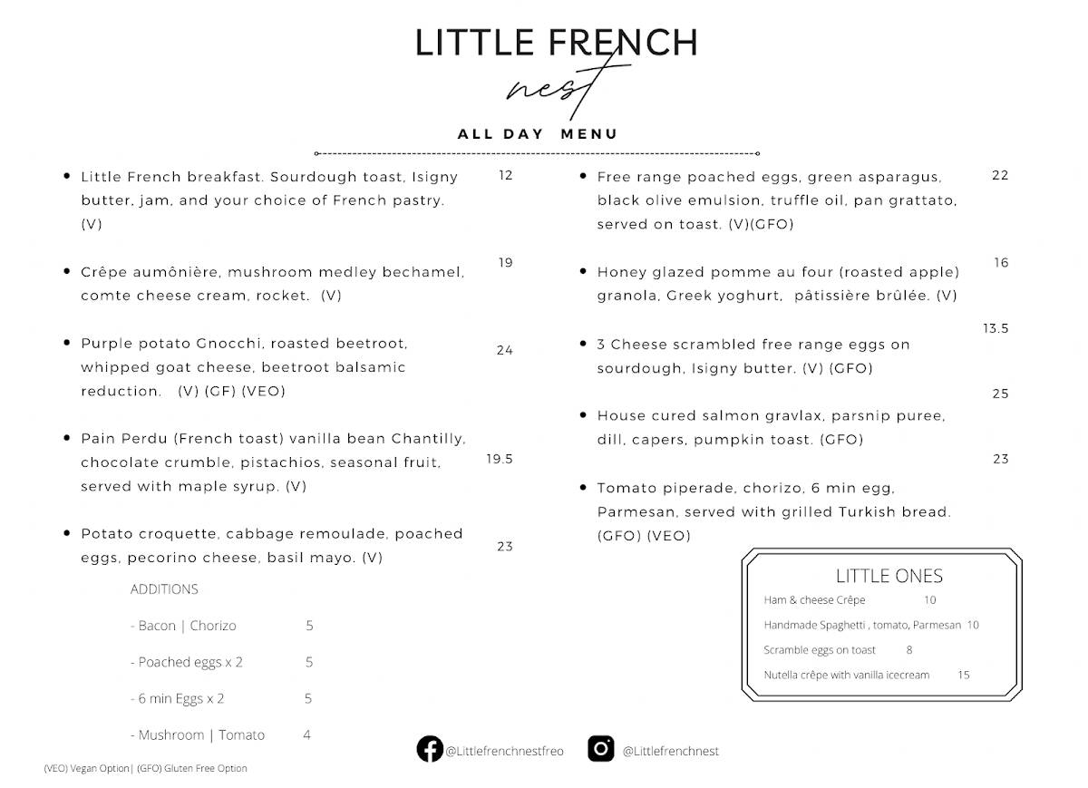 Menu at Little French Nest cafe, Fremantle