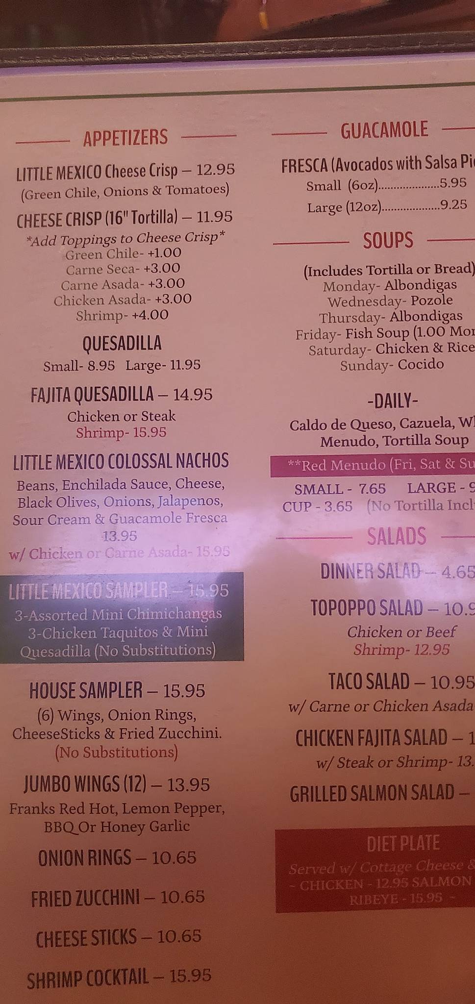Menu at Little Mexico Steakhouse, Tucson