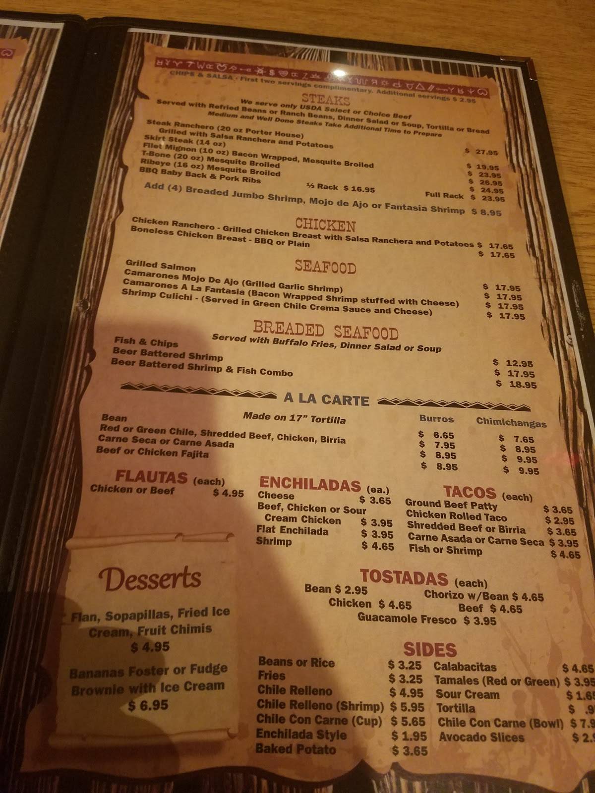 Menu at Little Mexico Steakhouse, Tucson