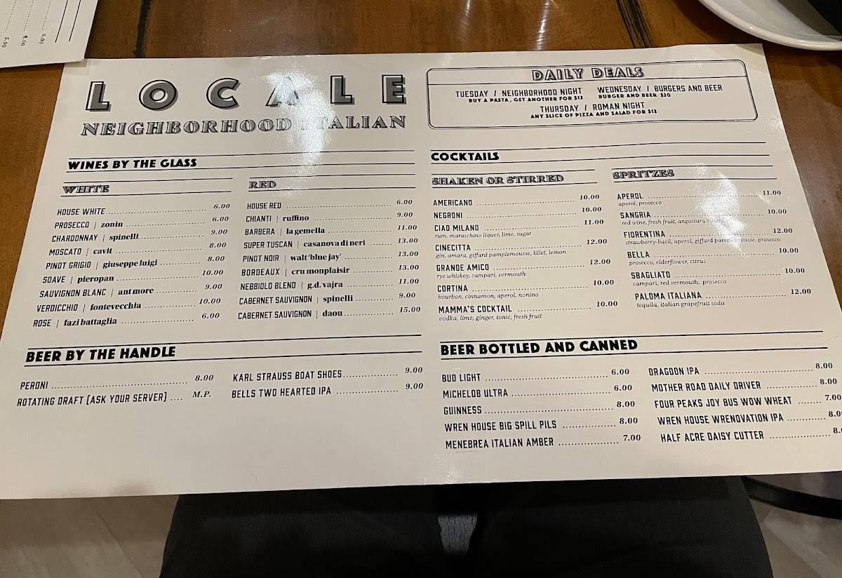Menu at Locale Neighborhood Italian Restaurant, Tucson