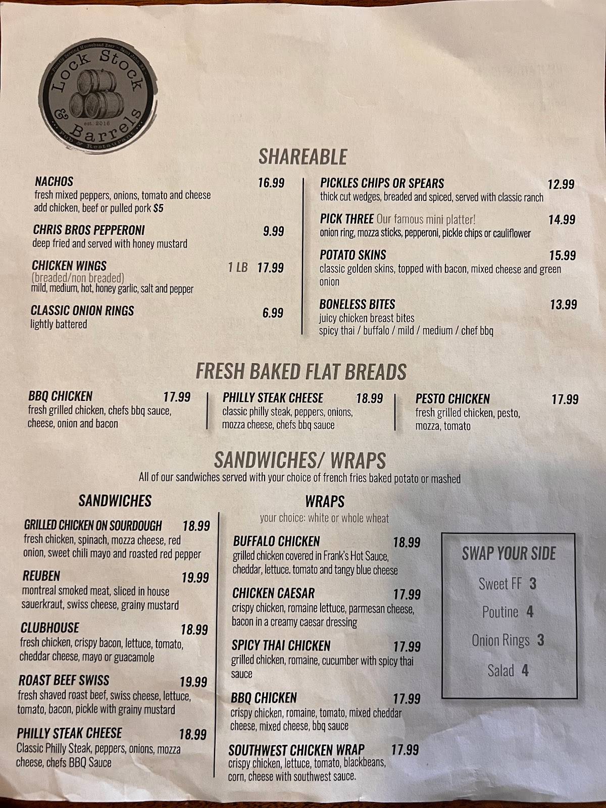 Menu at Lock Stock and Barrels, Saint John