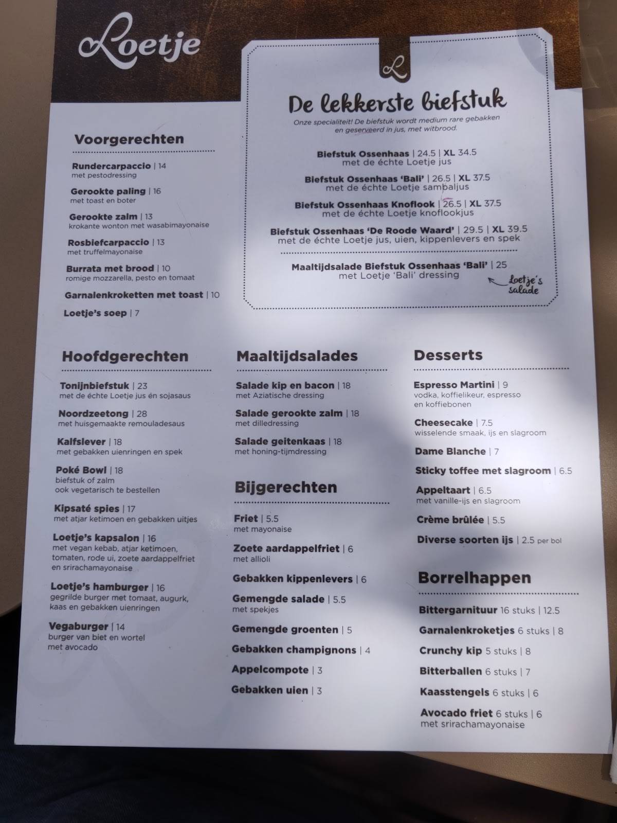 Speisekarte von Loetje Leiden, Leiden