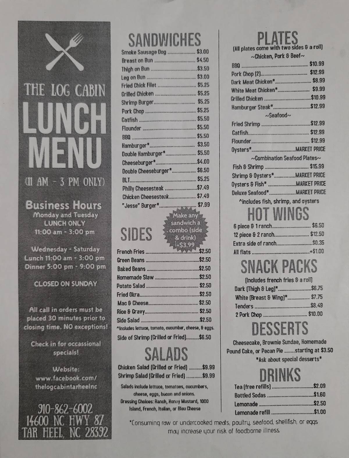 Menu at Log Cabin Restaurant, Tar Heel