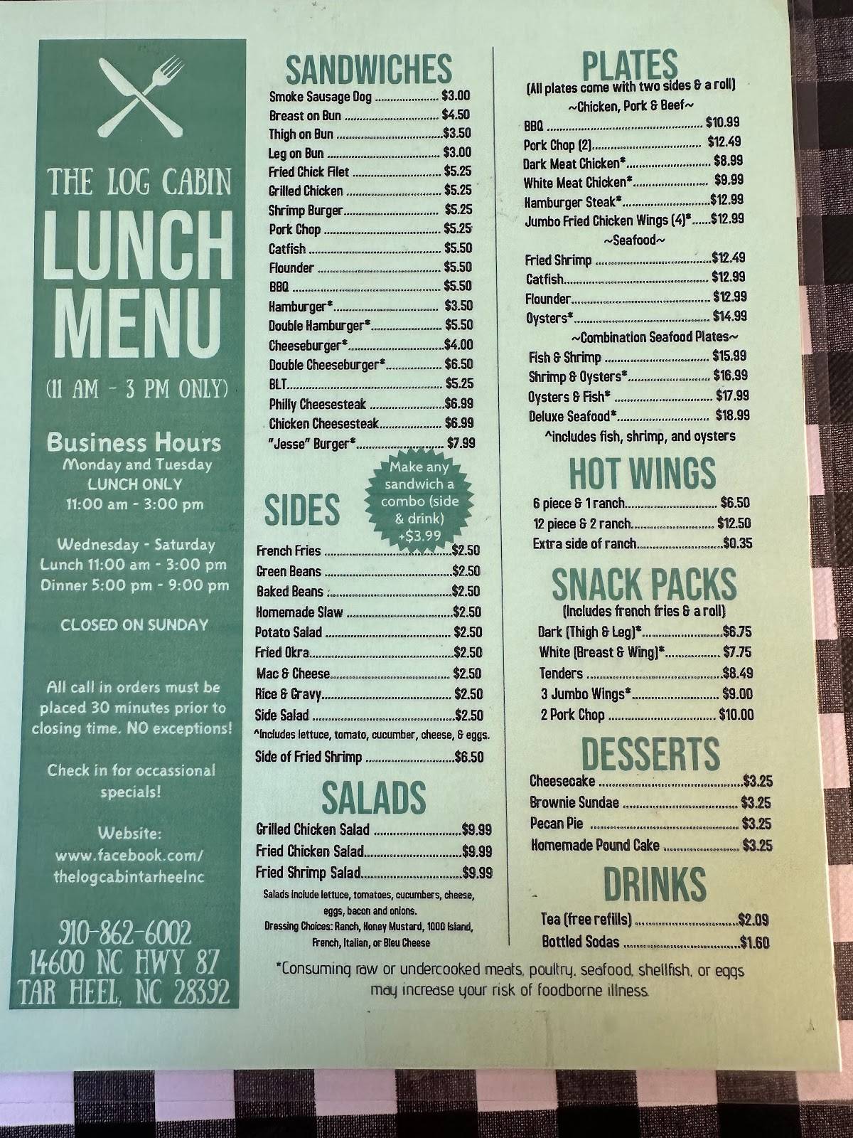 Menu at Log Cabin Restaurant, Tar Heel