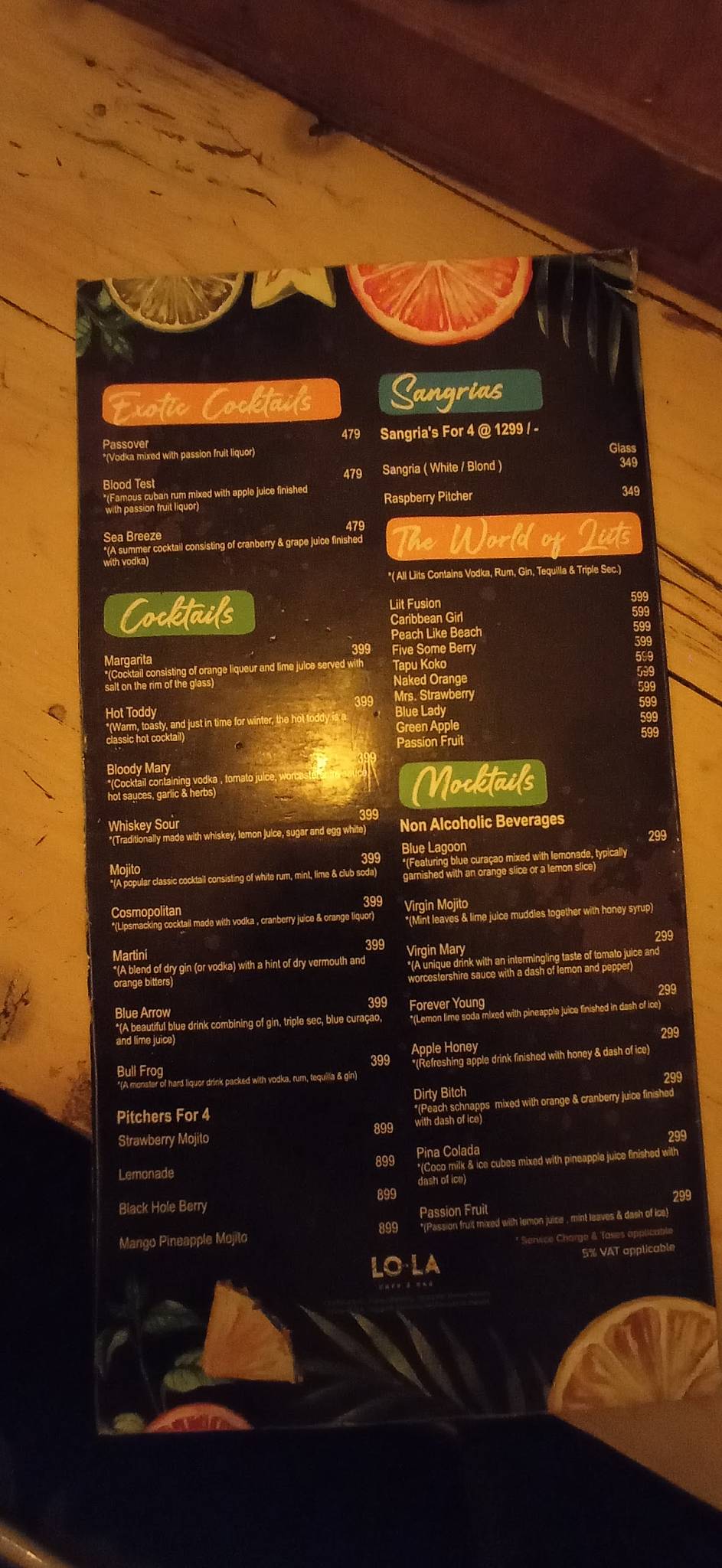 Menu at Lola cafe and bar, Lonavala