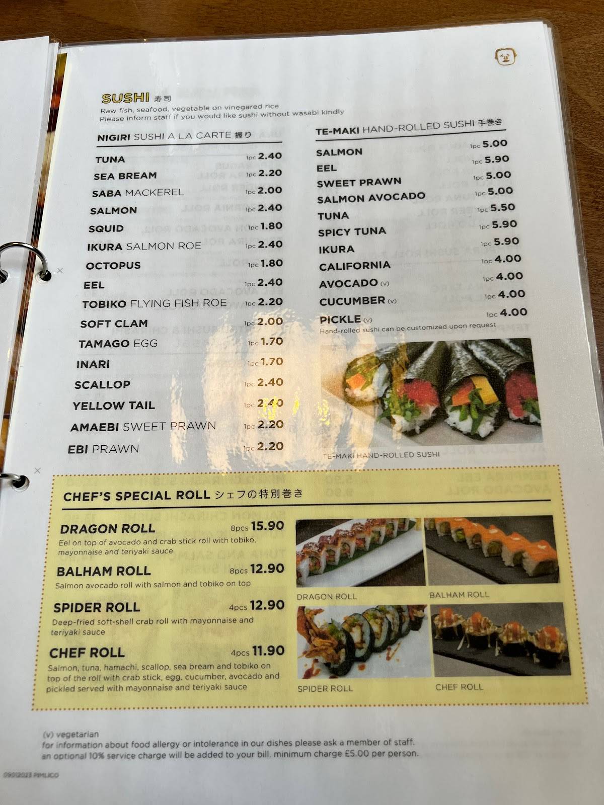 Menu at Taro Japanese Restaurant Victoria, London