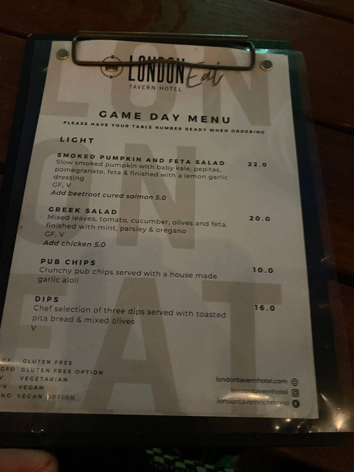Menu at London Tavern Hotel restaurant, Richmond