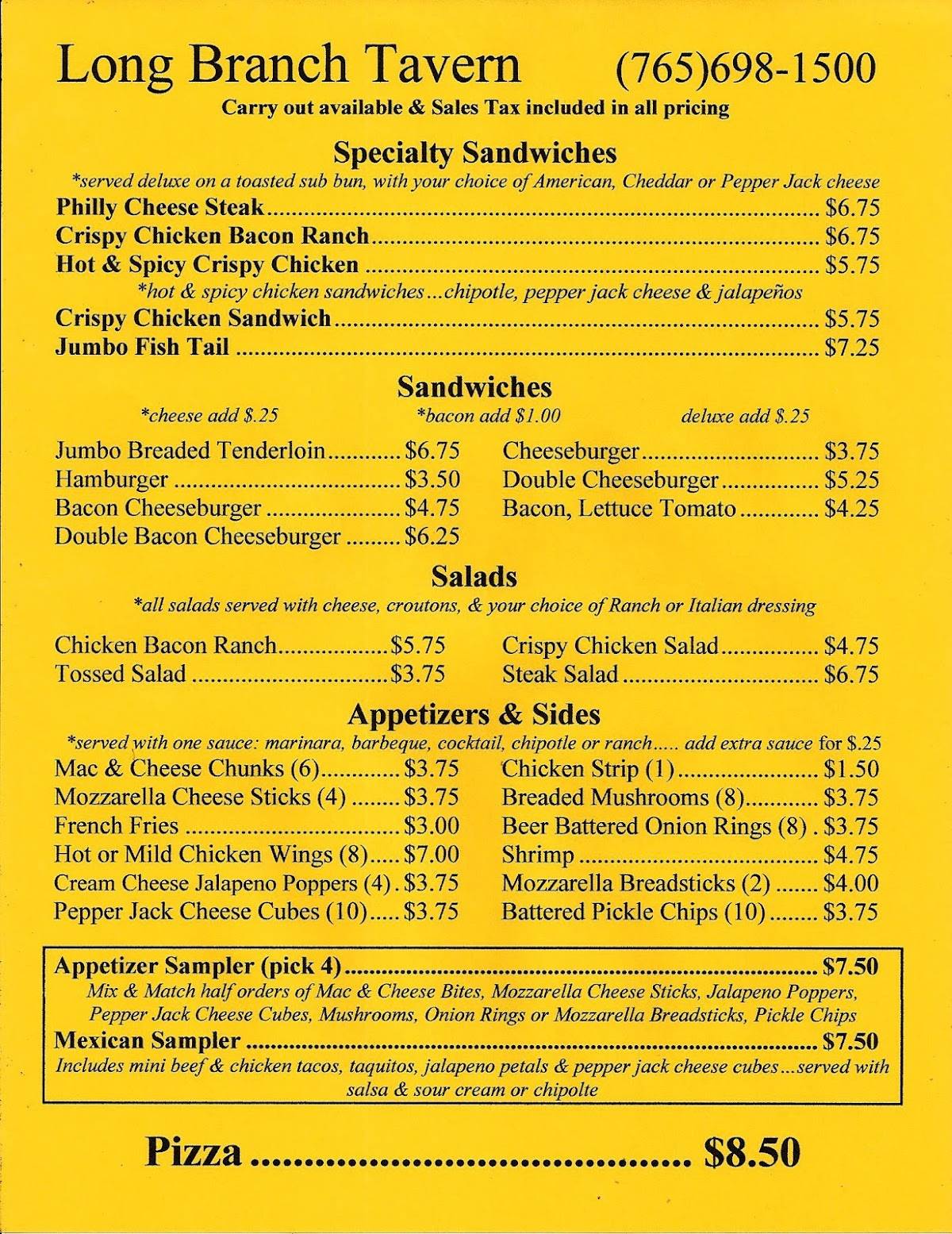Menu at Long Branch Tavern pub & bar, Laurel