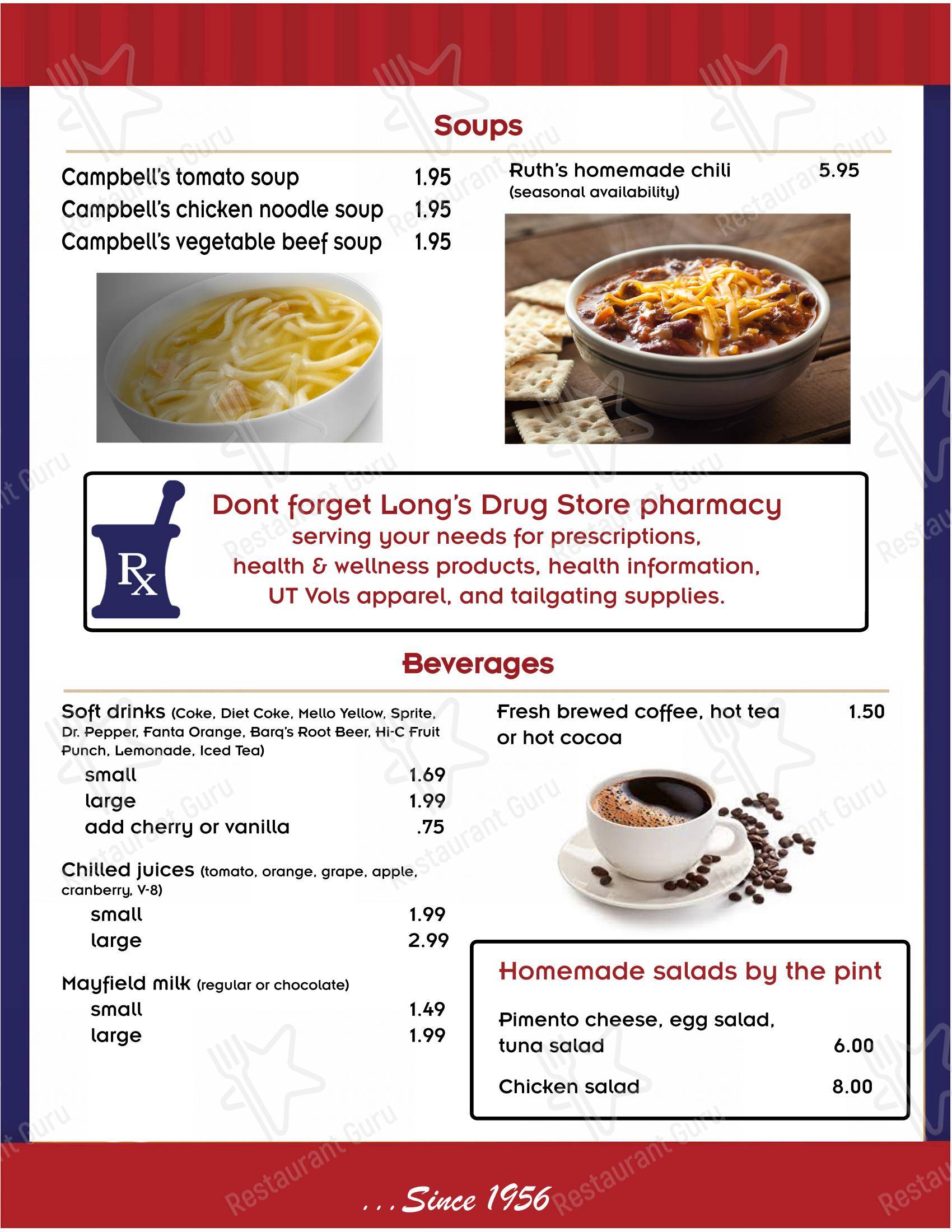 Menu at Long's Drug Store, Knoxville