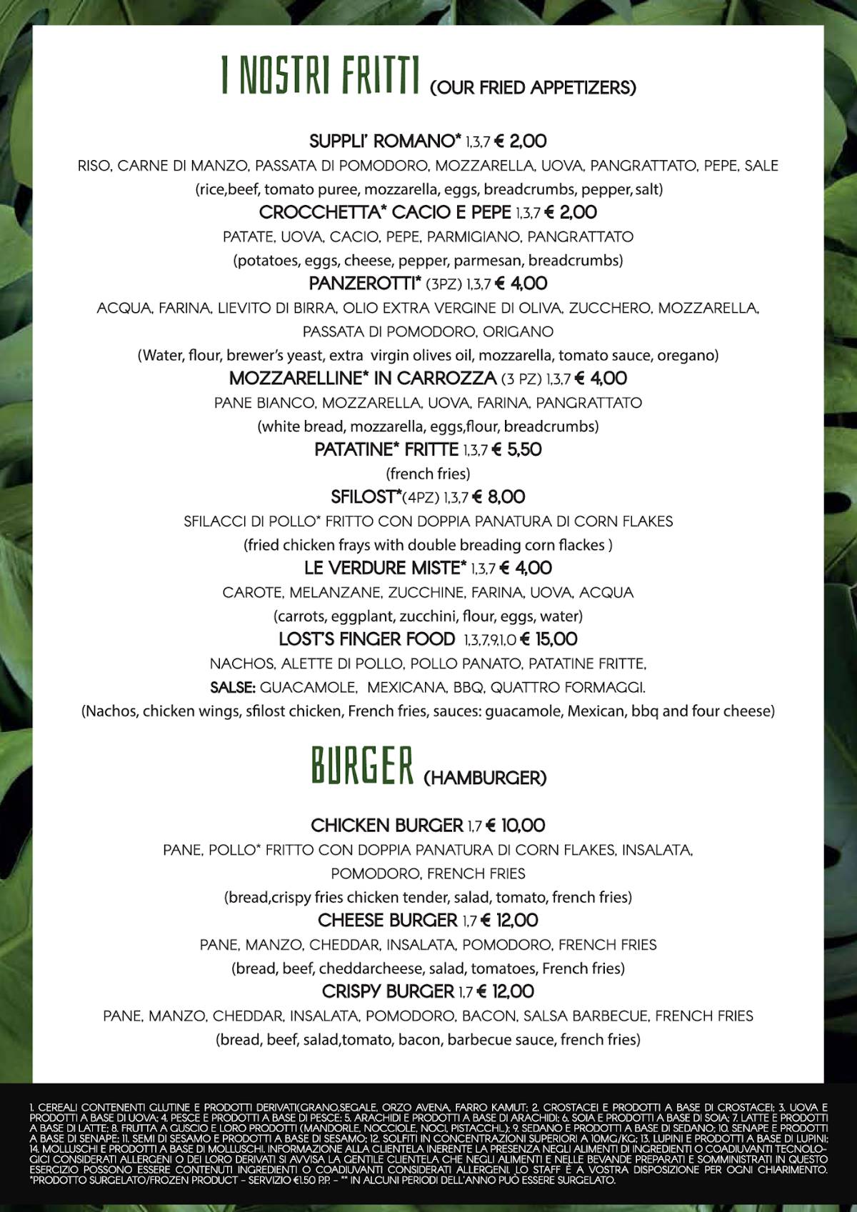 Menu da Lost - Parco de Medici ristorante, Roma