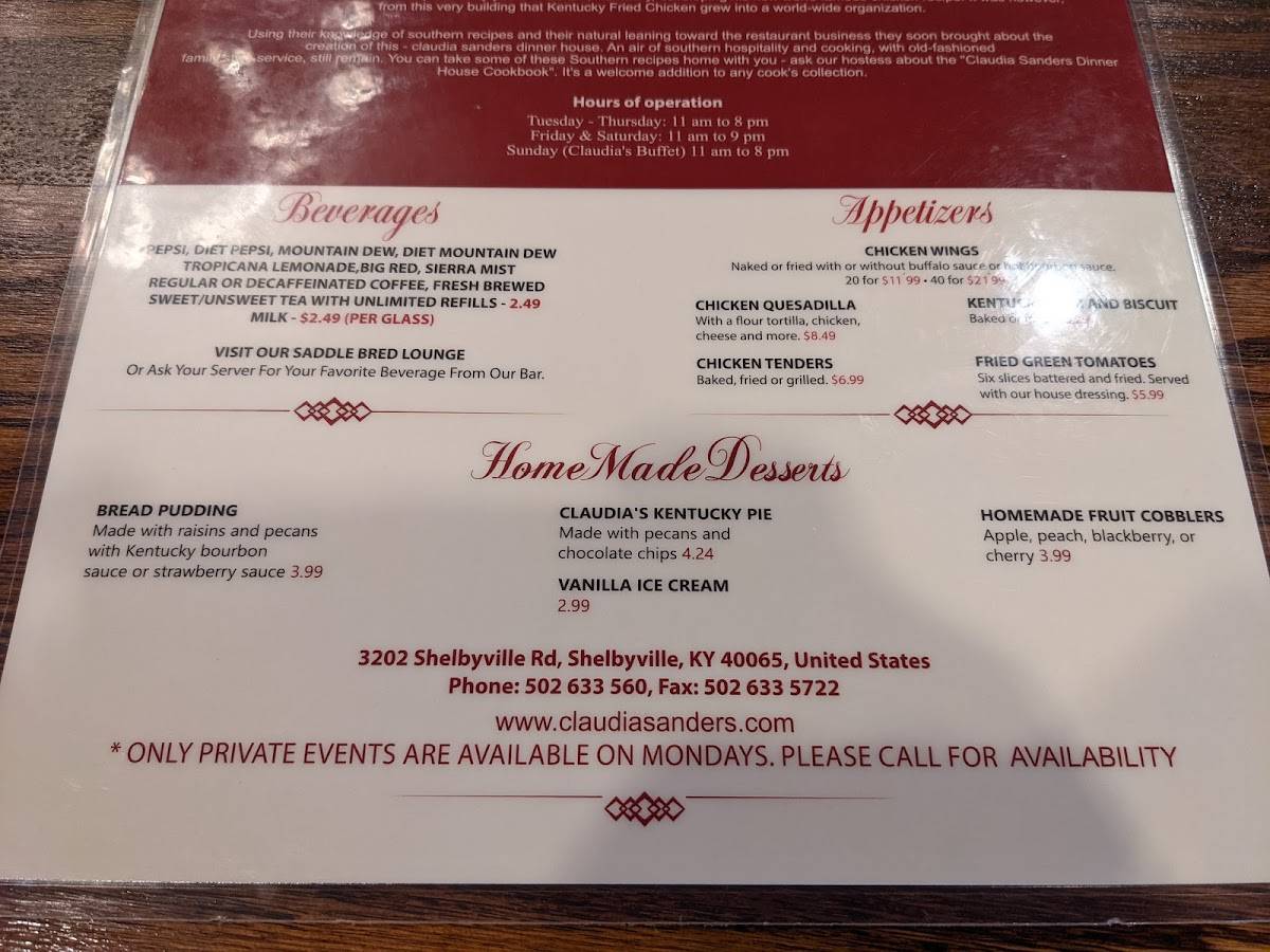 Menu at Claudia Sanders Dinner House restaurant, Shelbyville
