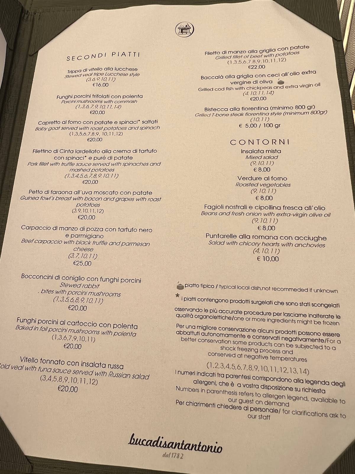 Menu at Buca di Sant'Antonio restaurant, Lucca