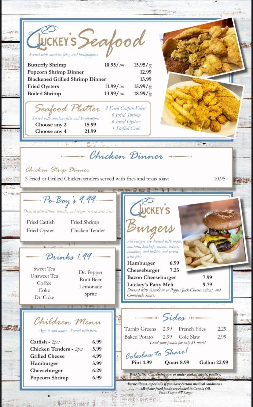Menu at Luckey’s Fish House steakhouse, Raleigh