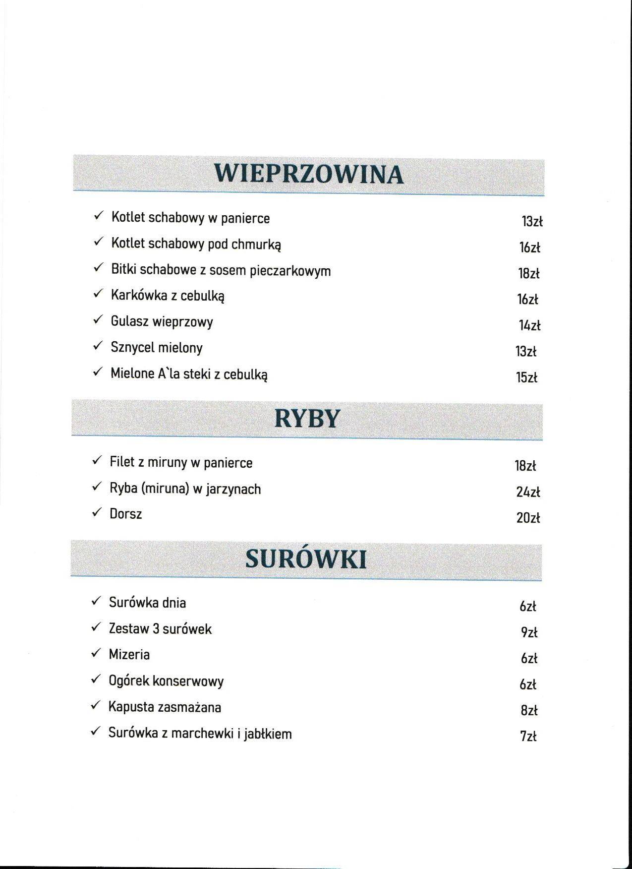 Menu at Lucy Bar, Gorlice