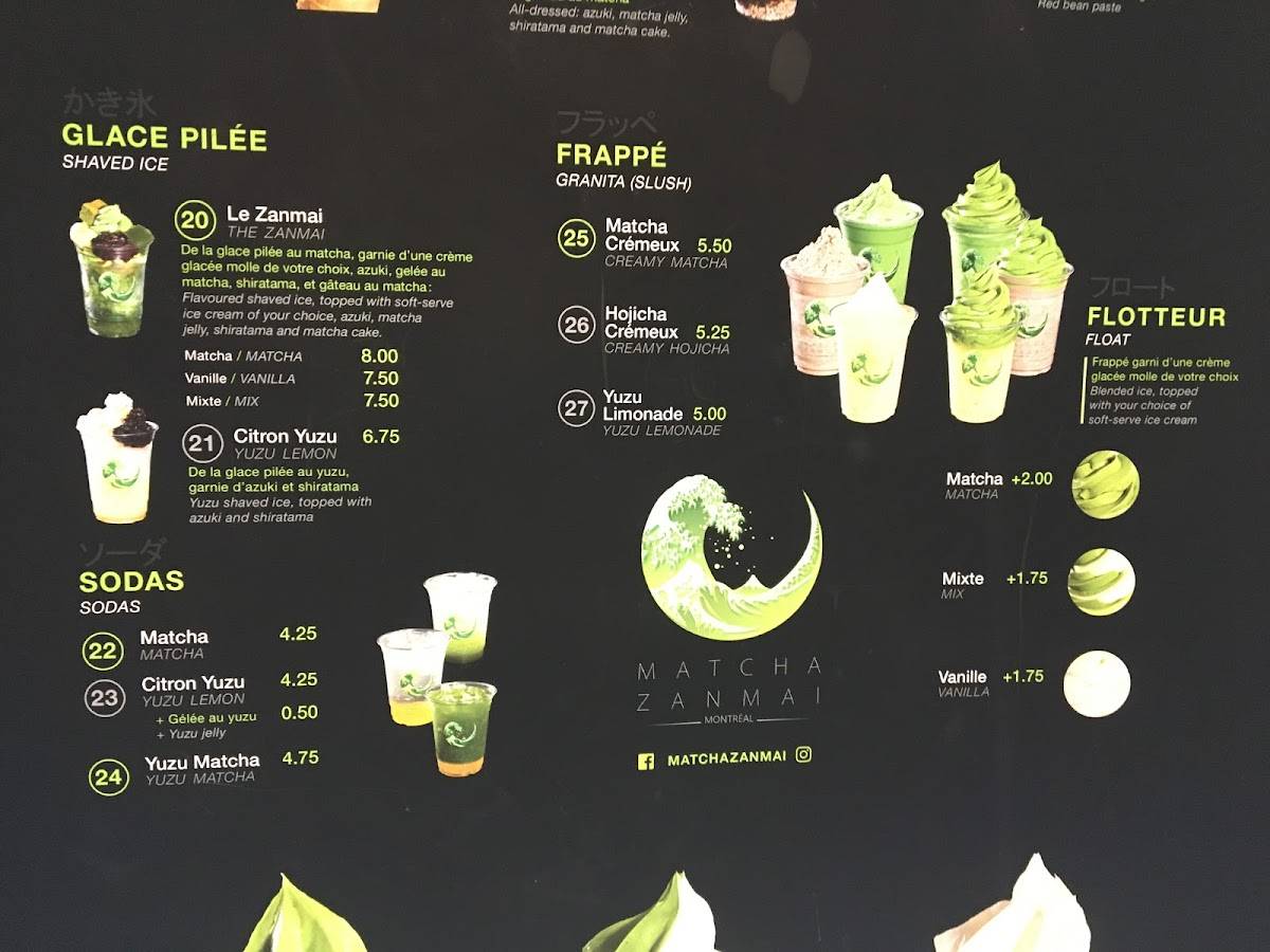 Menu au MATCHA ZANMAI desserts, Montréal