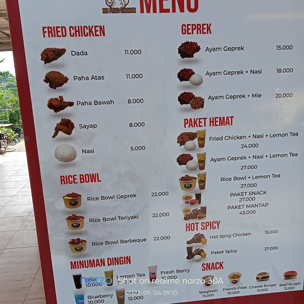 Menu at MB fried chicken restaurant, Purwakarta