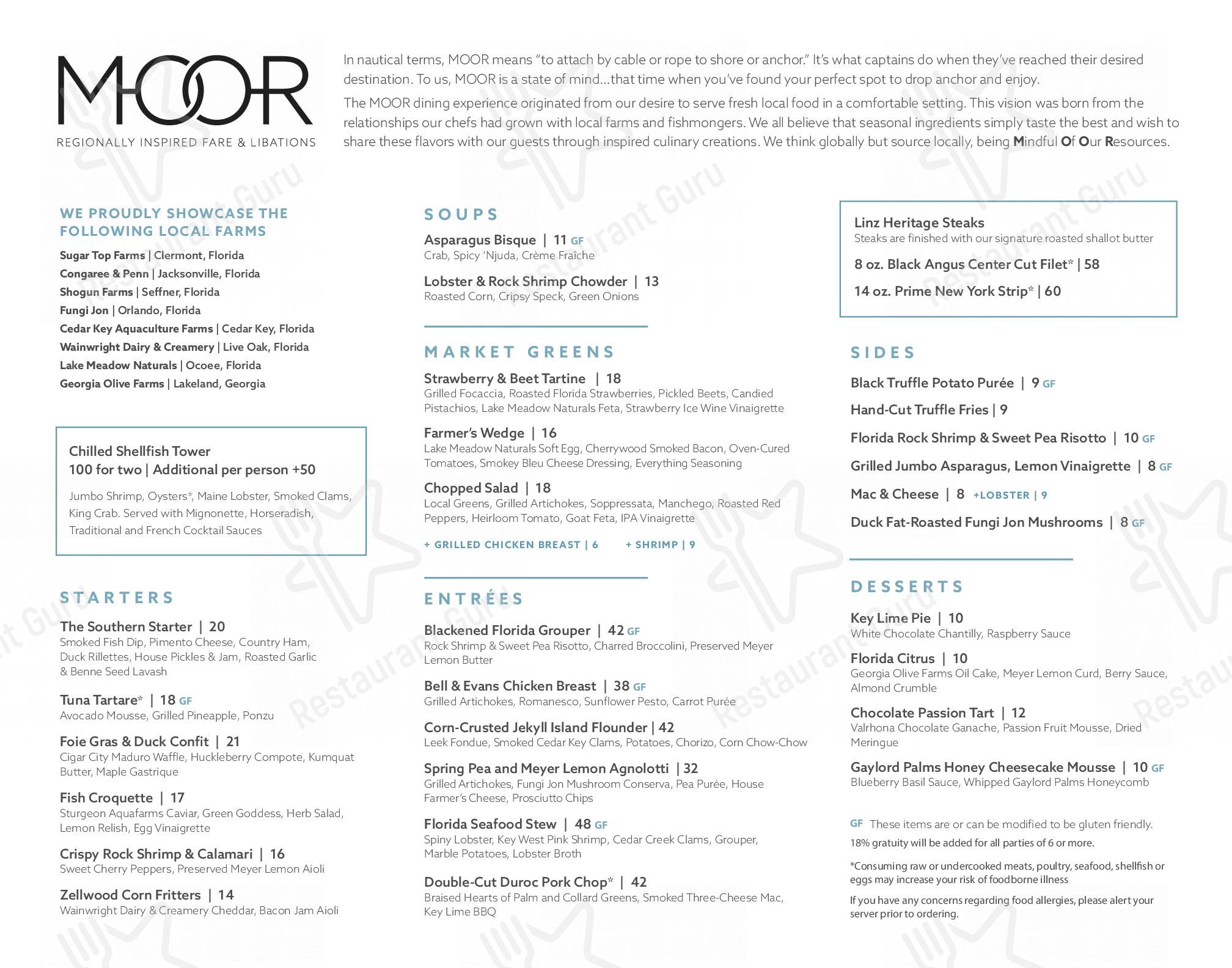 Menu at MOOR restaurant, Kissimmee