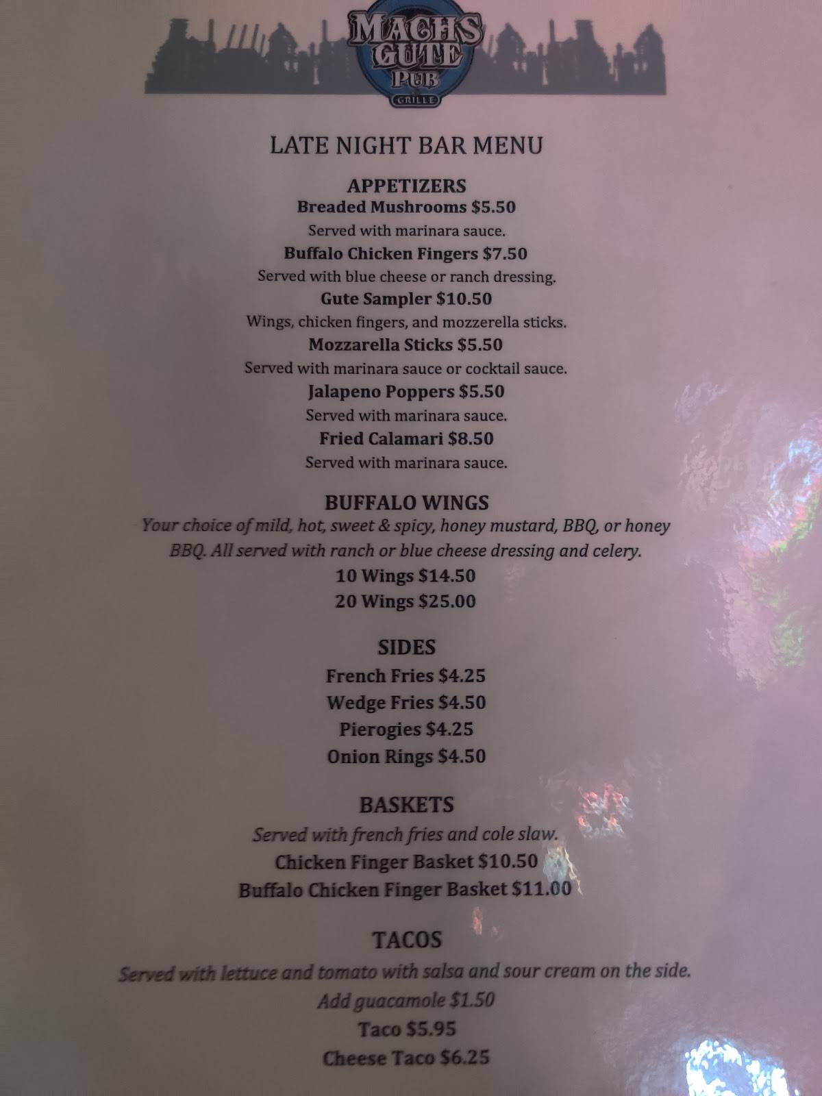 Menu at Machs Gute Pub and Grille, Bethlehem