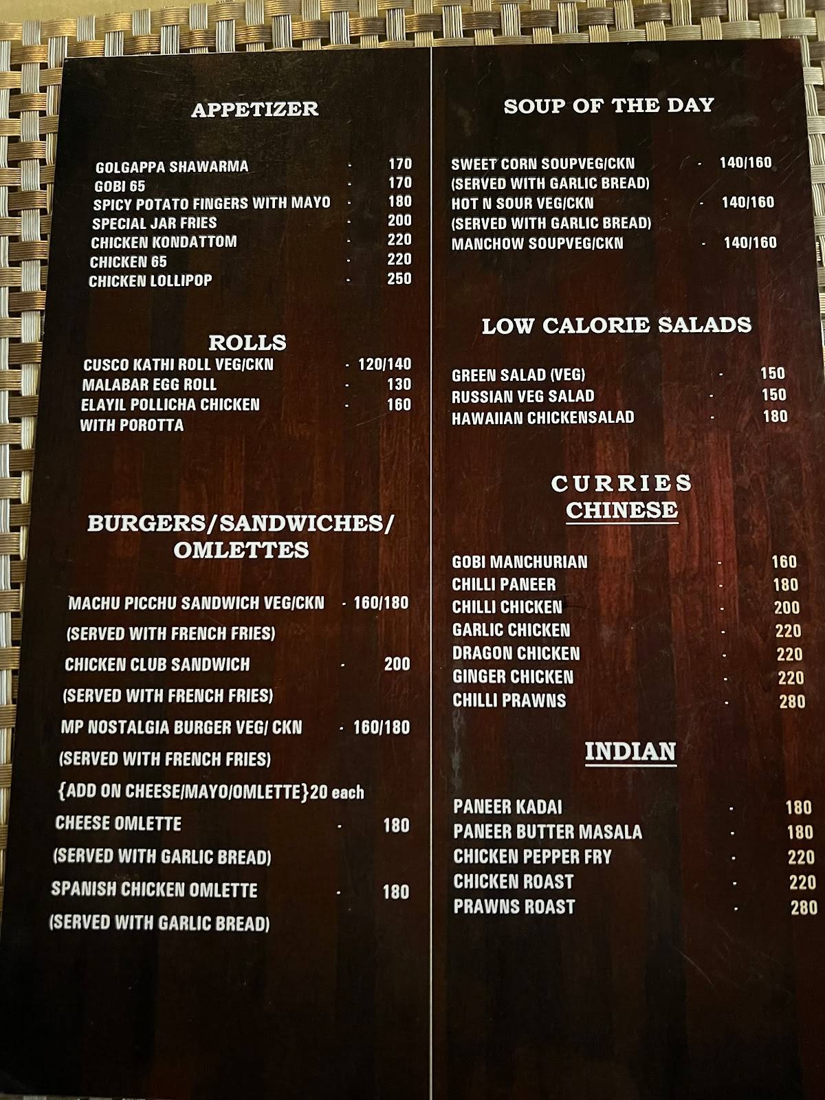 Menu at Machu picchu cafe, Thrissur