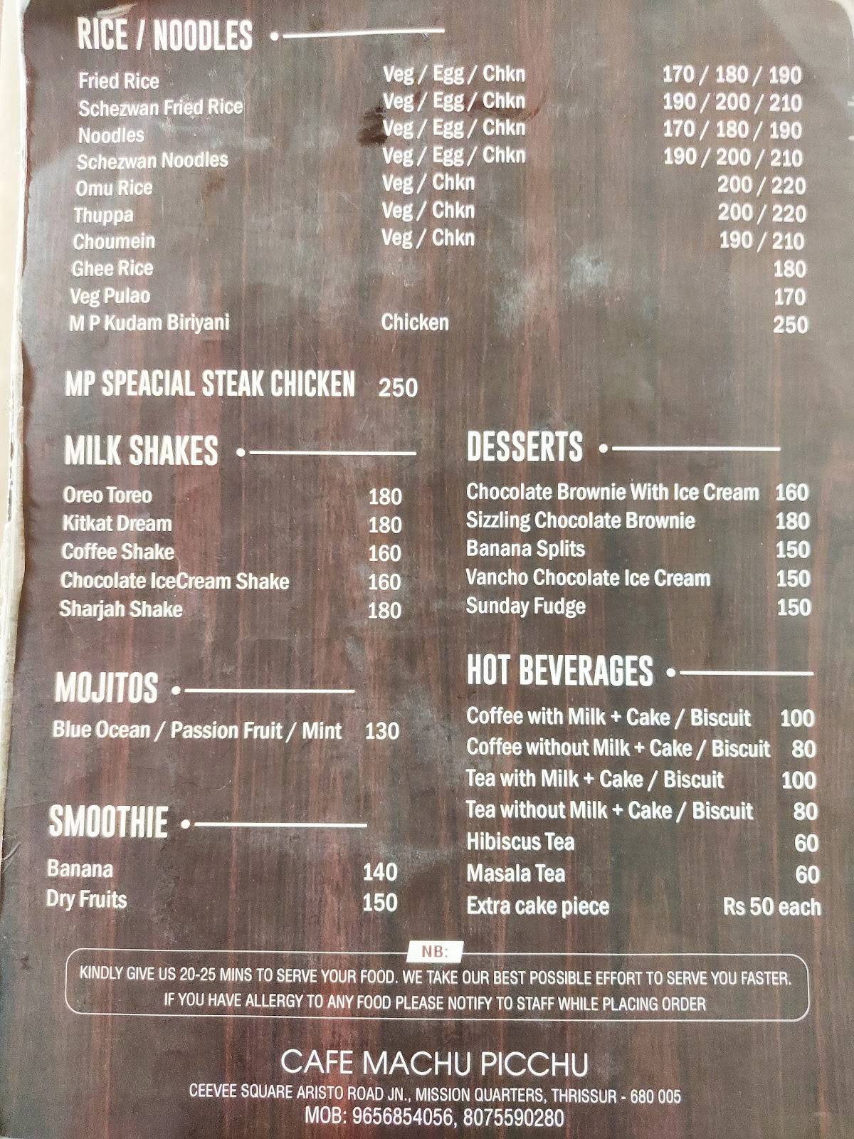 Menu at Machu picchu cafe, Thrissur