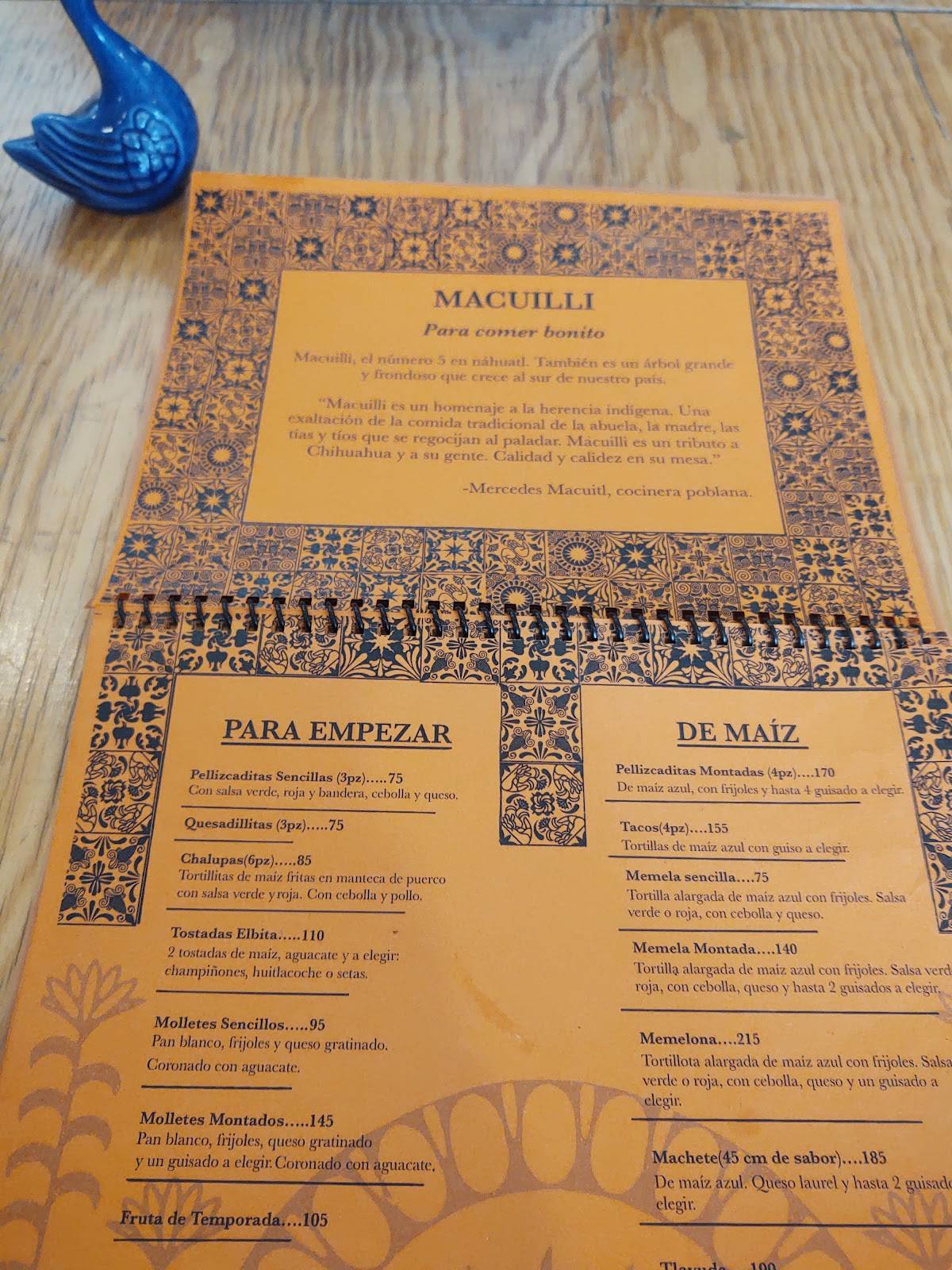 Carta del restaurante Macuilli, Chihuahua