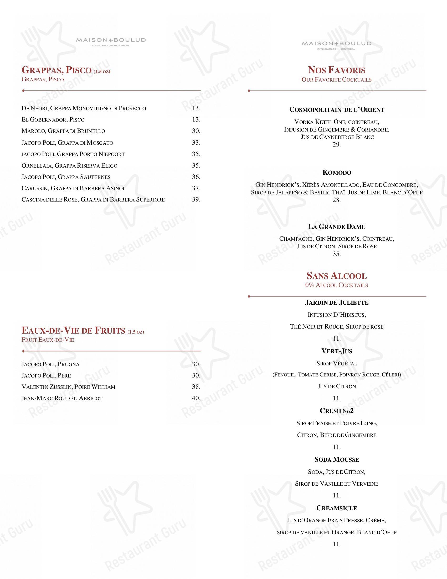 Menu at Maison Boulud restaurant, Montréal