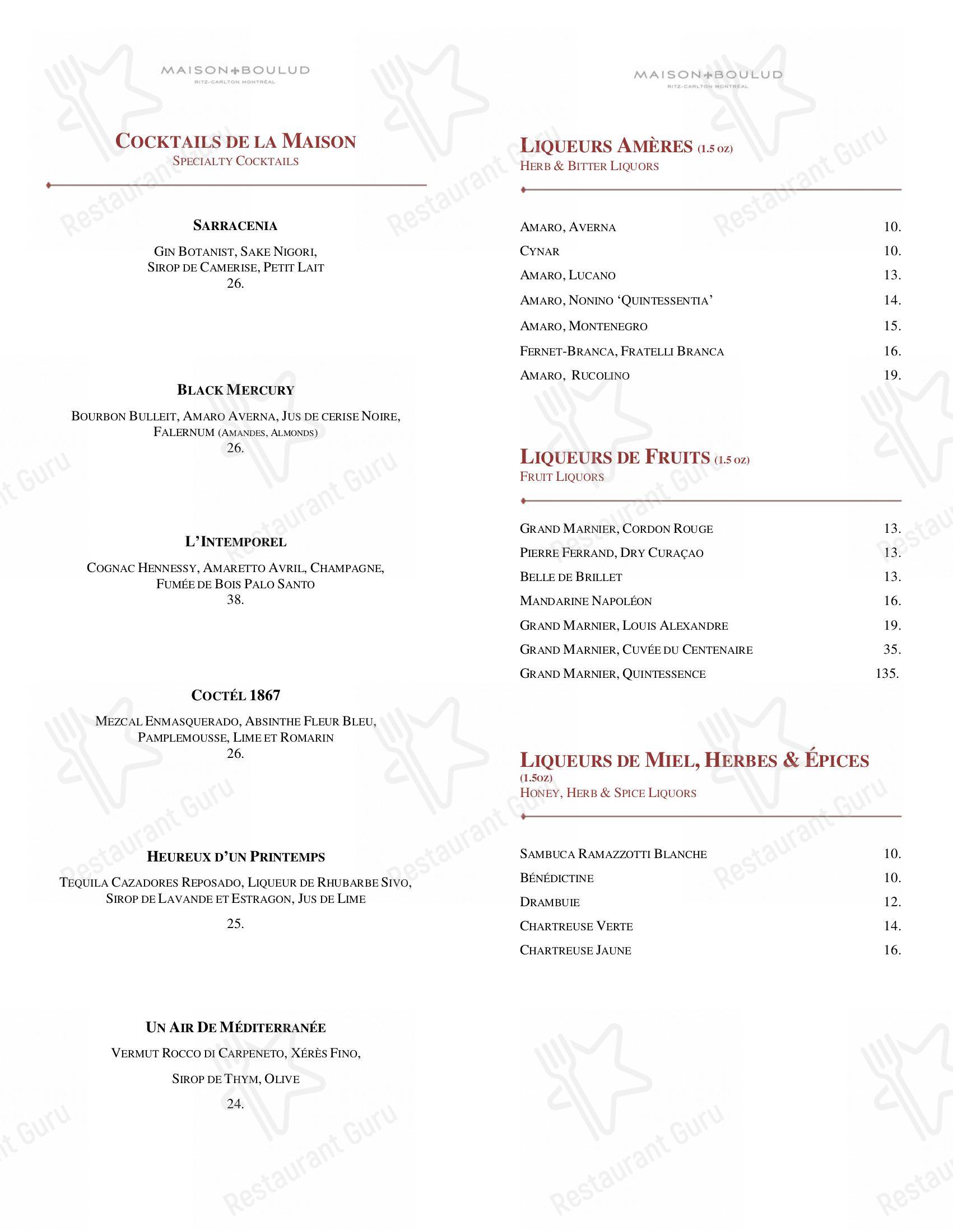 Menu at Maison Boulud restaurant, Montréal