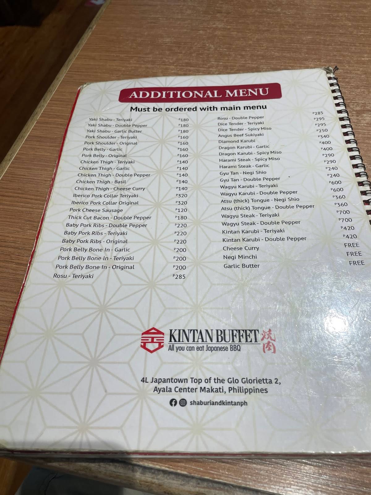 Menu at Shaburi and Kintan Buffet restaurant, Makati