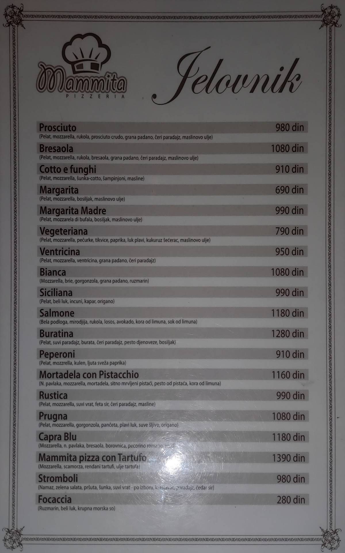 Menu at Mammita Pizzeria, Belgrade