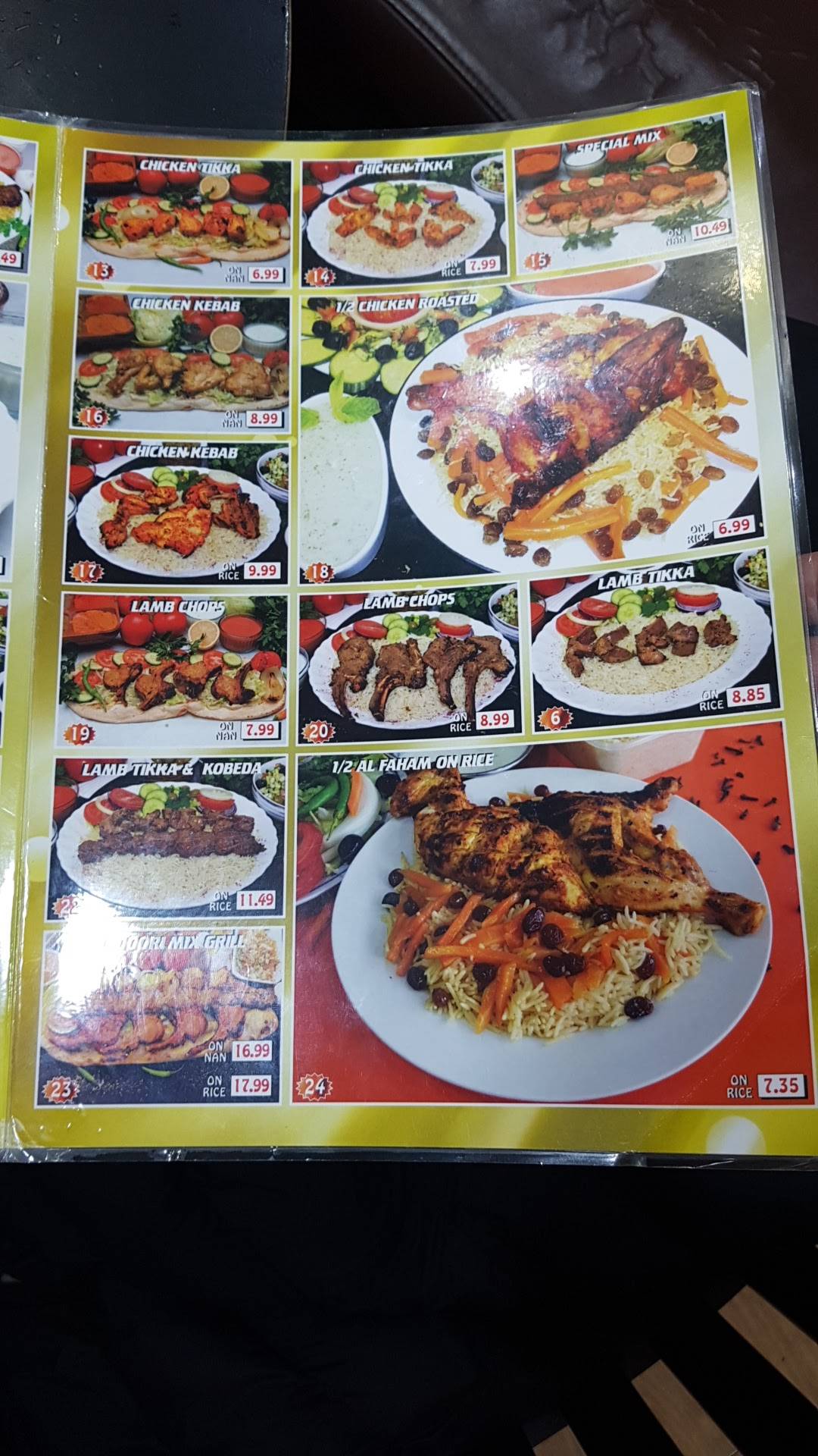 Menu at Al Jazeera Restaurant, Manchester