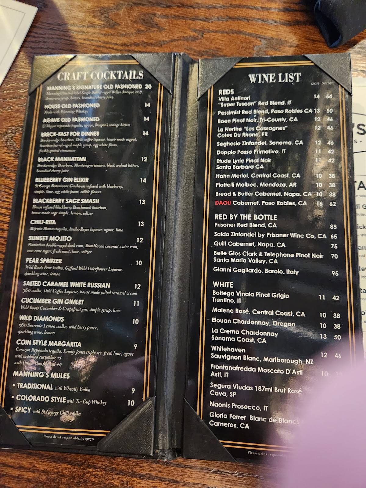 Menu at Manning's Steaks and Spirits steakhouse, Lakewood