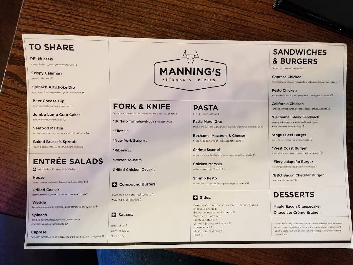 Menu at Manning's Steaks and Spirits steakhouse, Lakewood