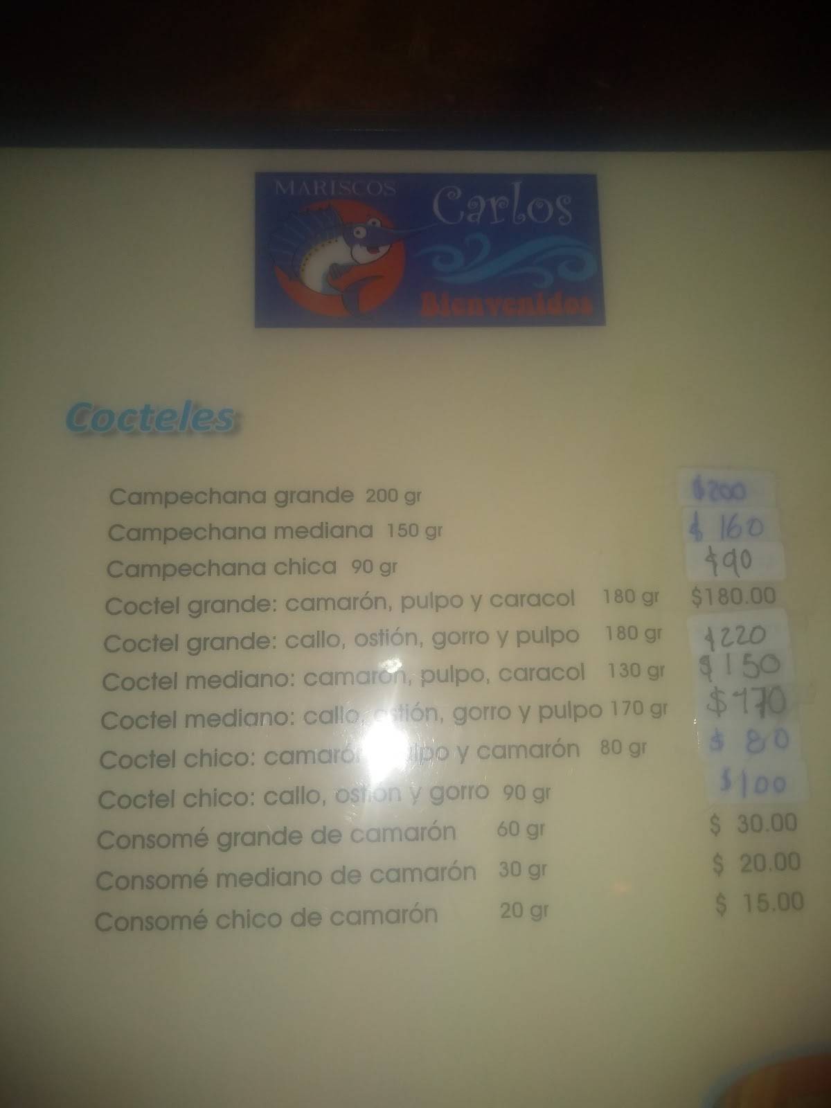 Carta del restaurante Mariscos Carlos, Manzanillo