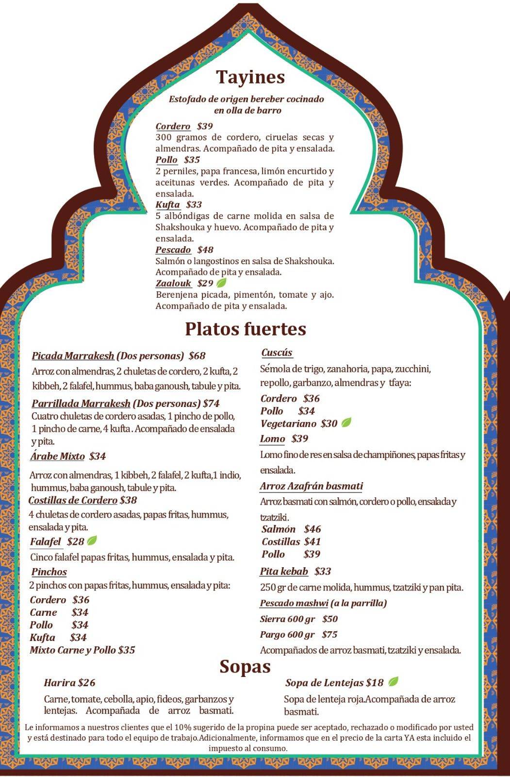 Carta del restaurante Marrakesh Comida Marroquí Chapinero, Bogotá