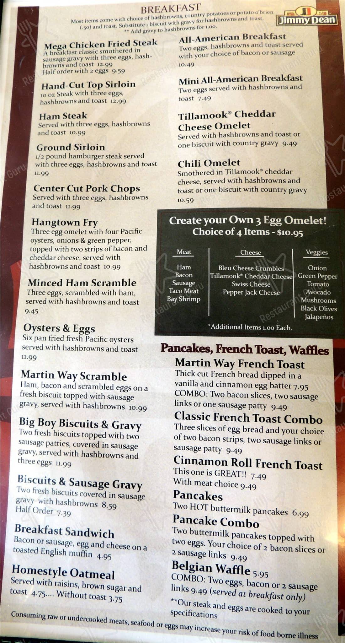 Menu at Martin Way Diner restaurant, Olympia