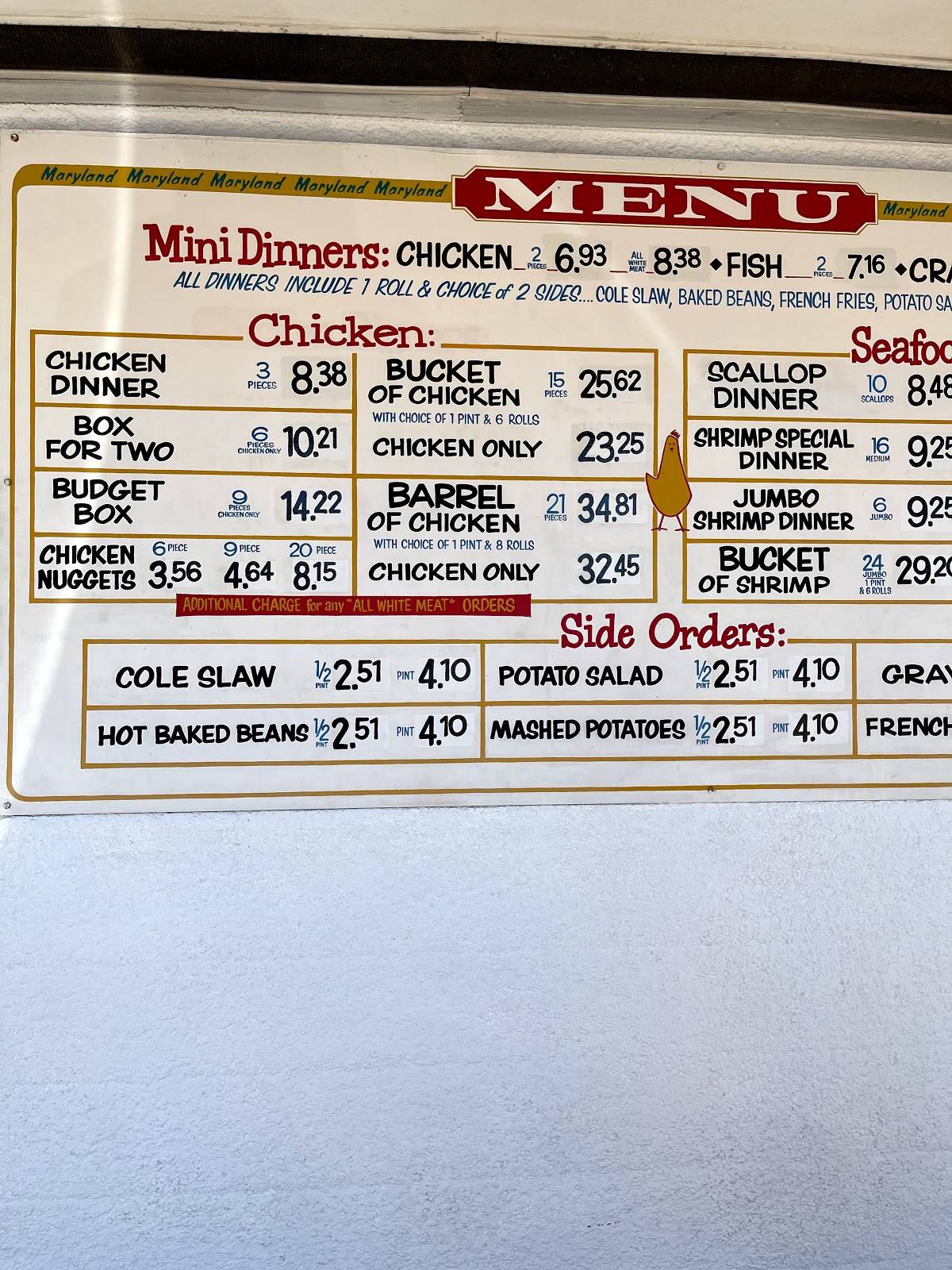Menu at Maryland Fried Chicken restaurant, Plant City
