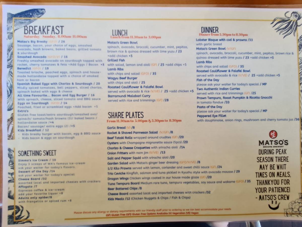 Menu at Matso's Broome Brewery restaurant, Broome, 60 Hamersley St