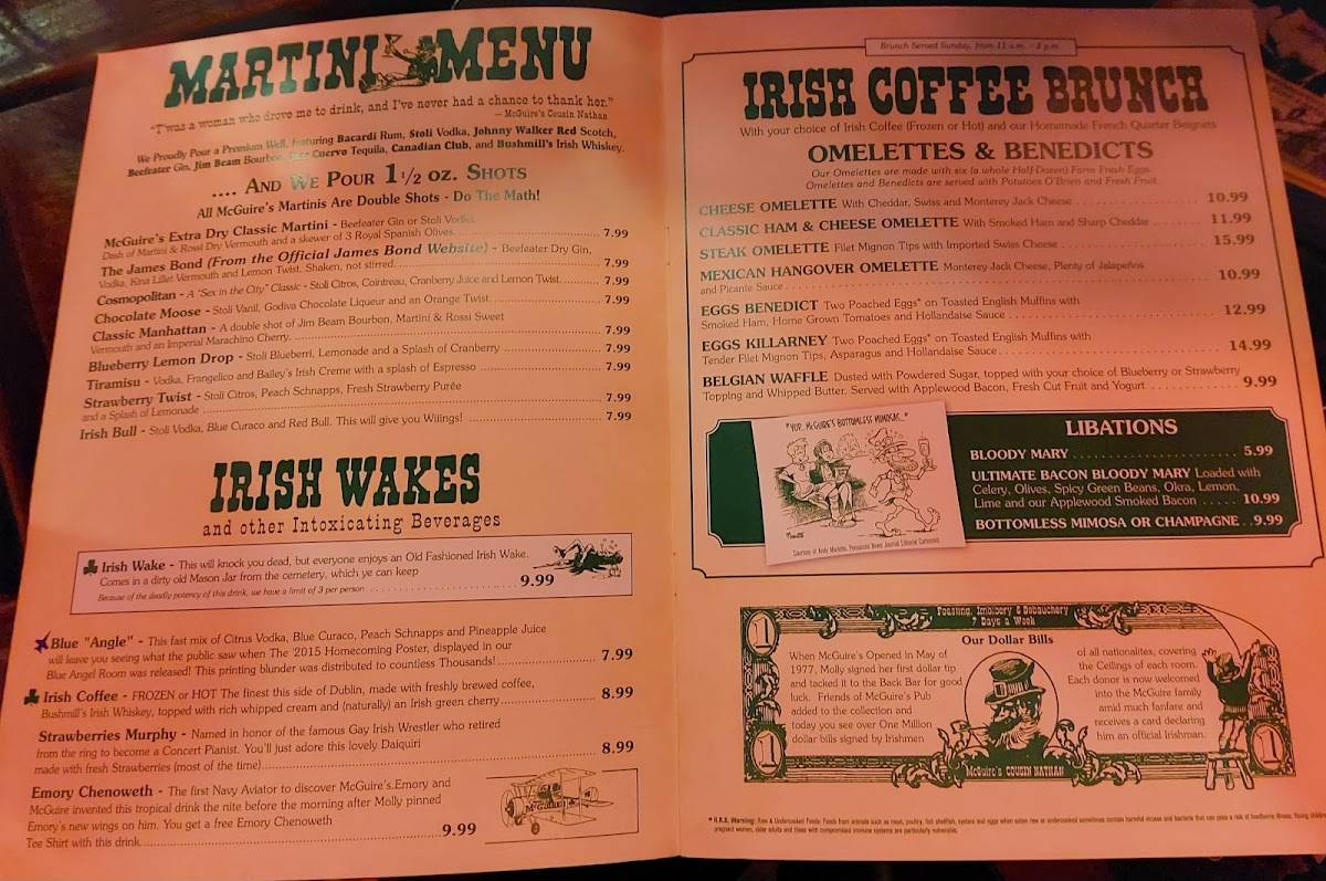 Menu at McGuire's Irish Pub, Pensacola