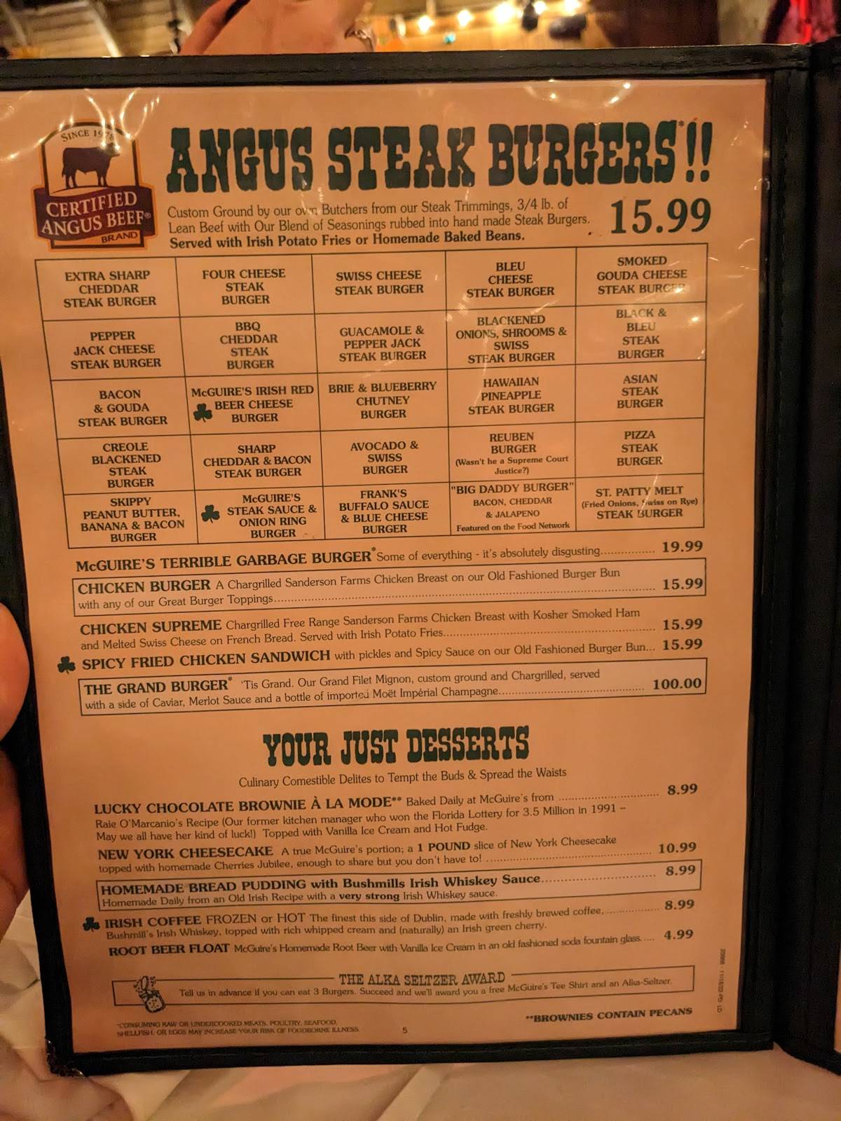 Menu at McGuire's Irish Pub, Pensacola