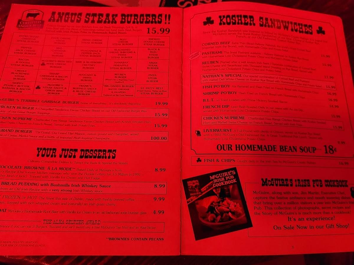 Menu at McGuire's Irish Pub, Pensacola