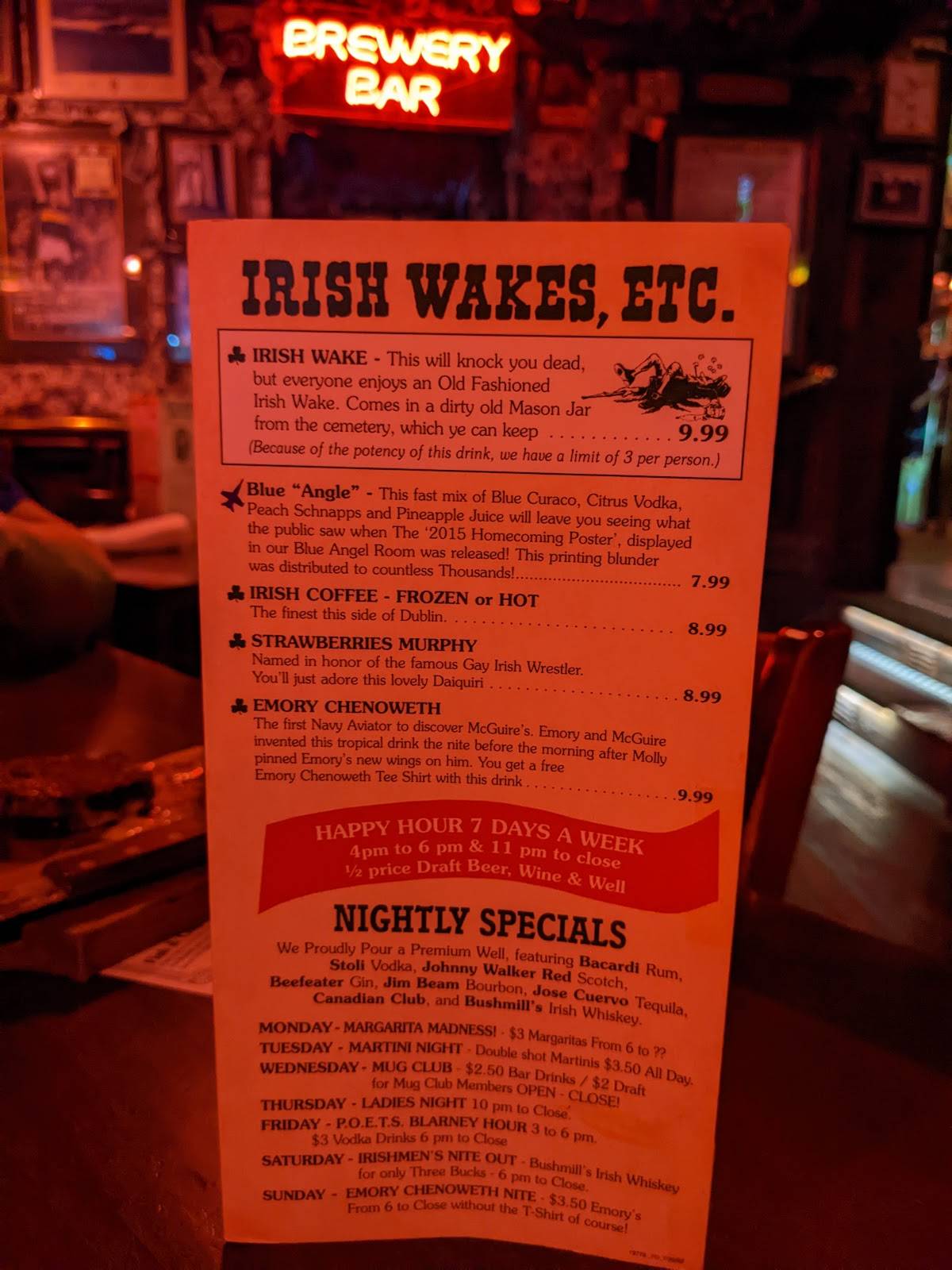 Menu at McGuire's Irish Pub, Pensacola