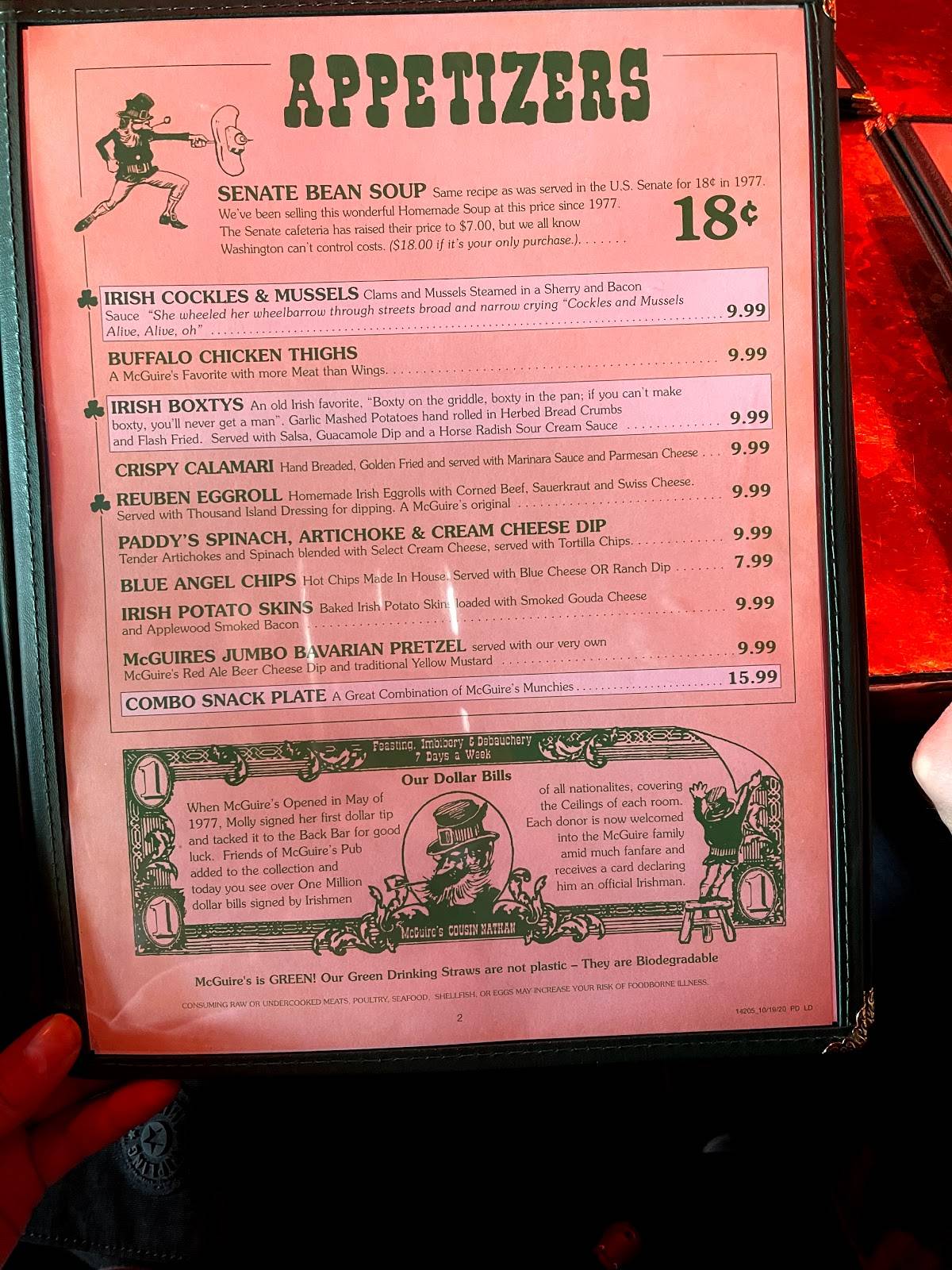 Menu at McGuire's Irish Pub, Pensacola