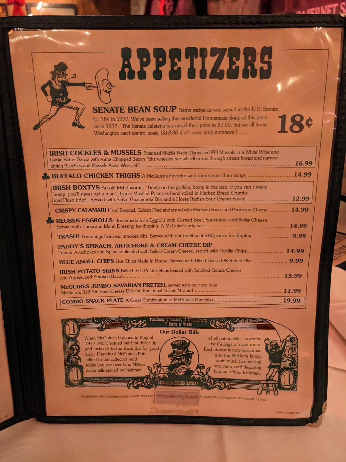 Menu at McGuire's Irish Pub, Pensacola