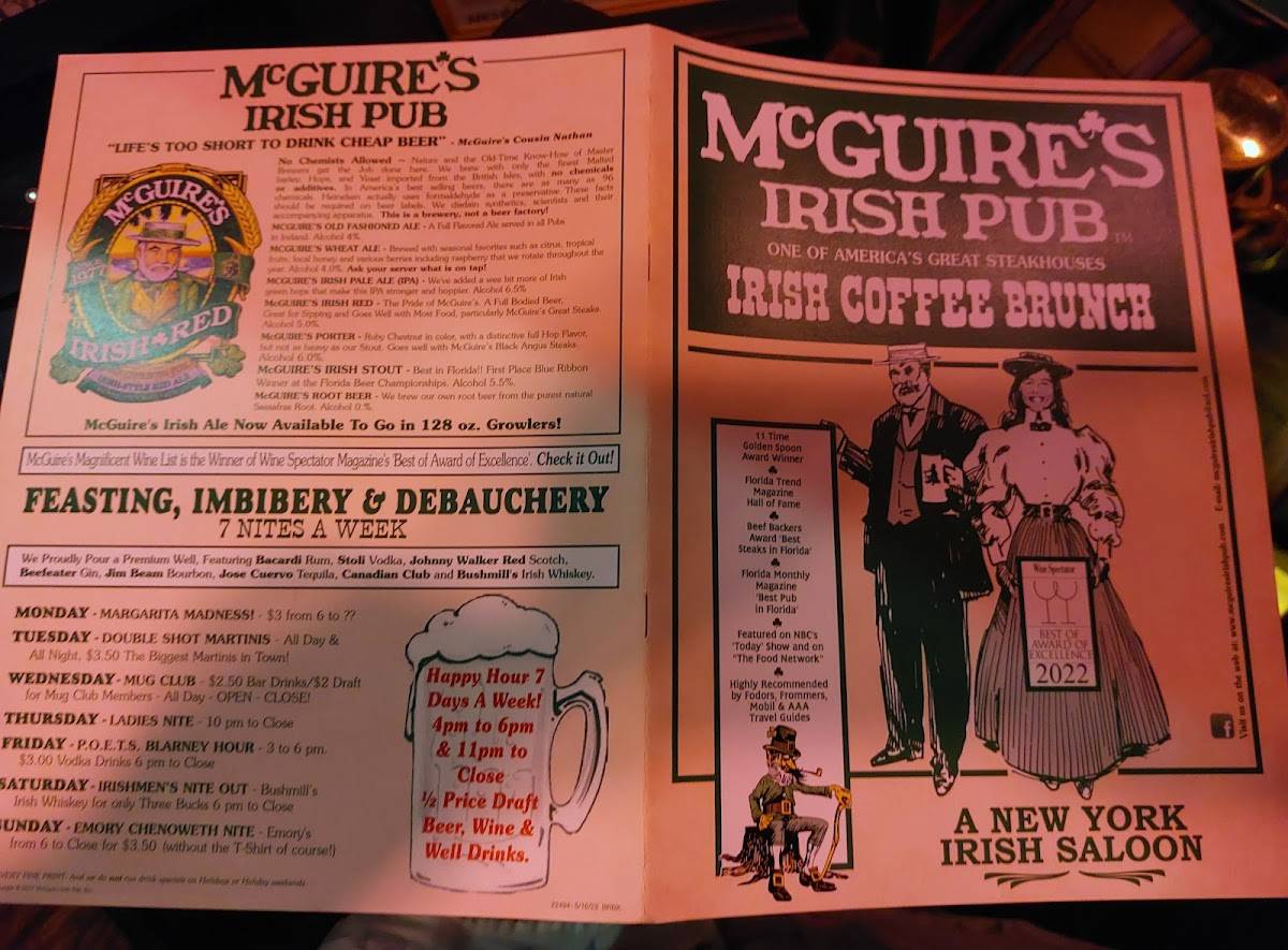 Menu at McGuire's Irish Pub, Pensacola
